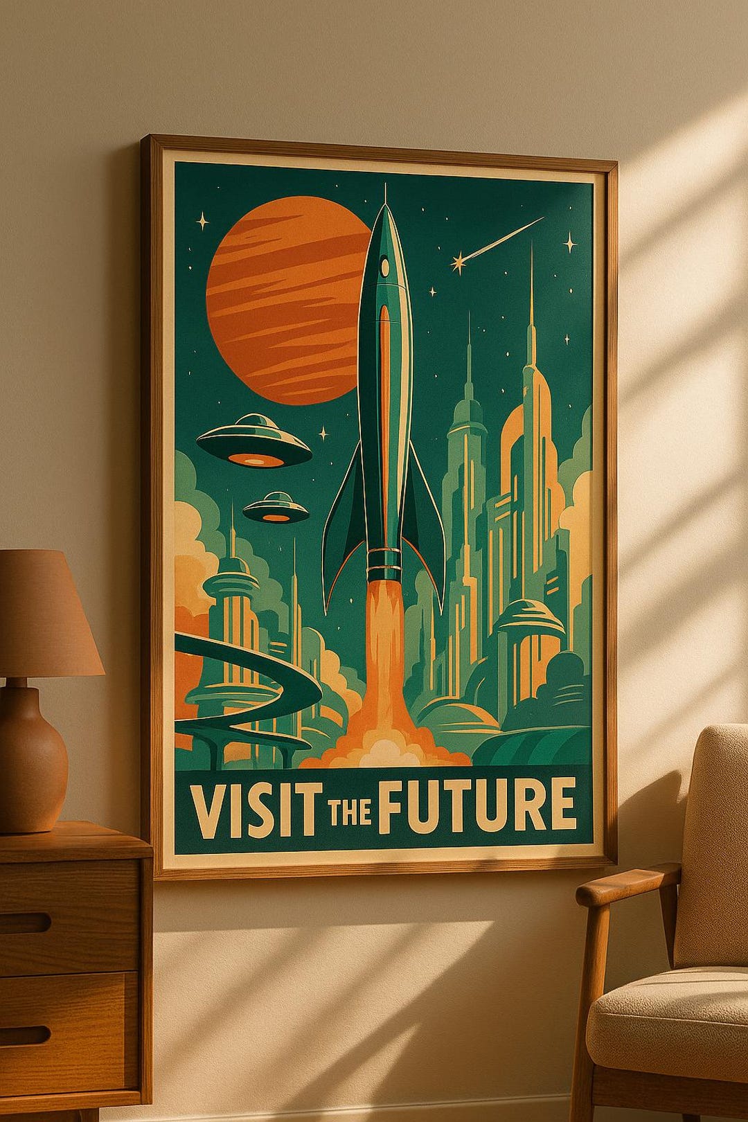Retro Futuristic Rocket Poster – Vintage Sci-fi Space Travel Matte ...