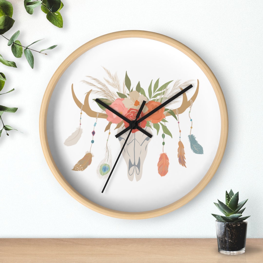 Wall Clock Boho Bull Skull Boho Wall Clock Floral Skull Clock Boho ...