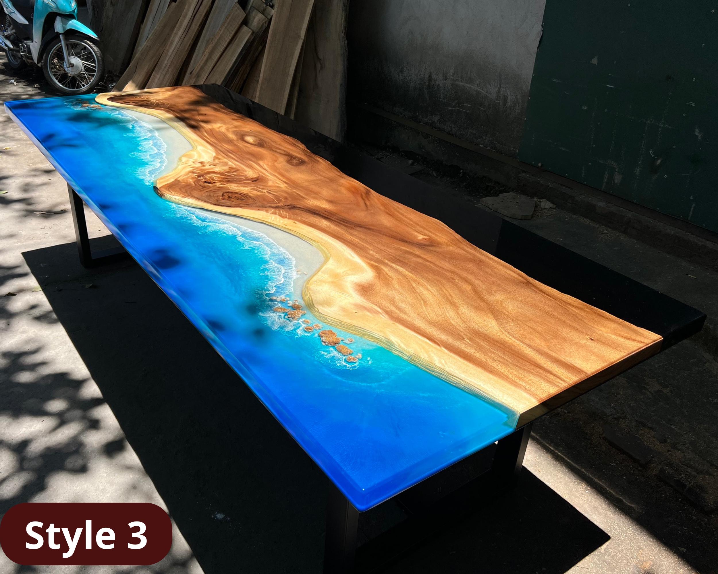 Personalized Live Edge Resin Dining Table: Blue Ocean Epoxy, Reclaimed ...