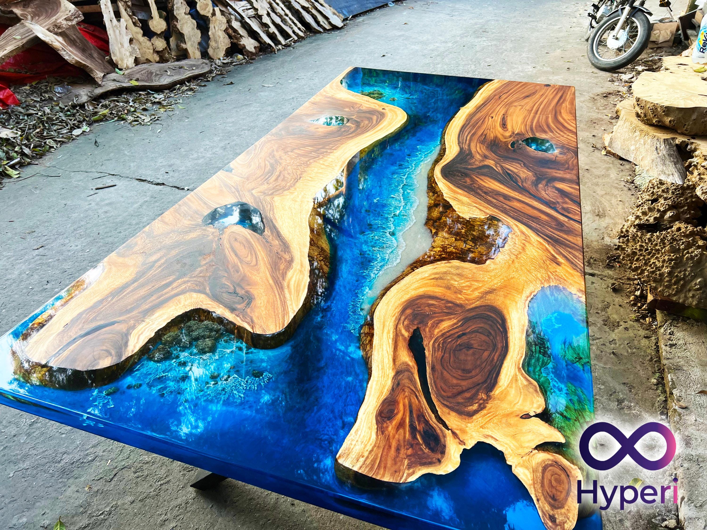 Personalized Live Edge Resin Dining Table: Blue Ocean Epoxy, Reclaimed ...