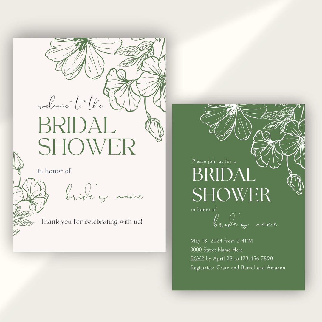 Green Minimal Floral Bridal Shower Invitation Template Editable Canva ...