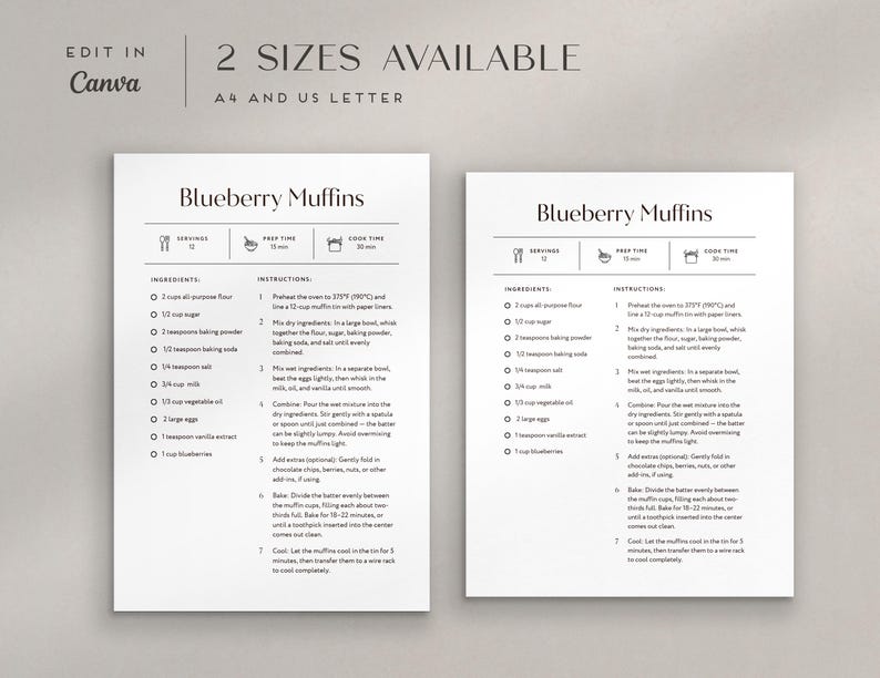 Recipe Card Template Editable Recipe Printable Cookbook Custom Recipe ...