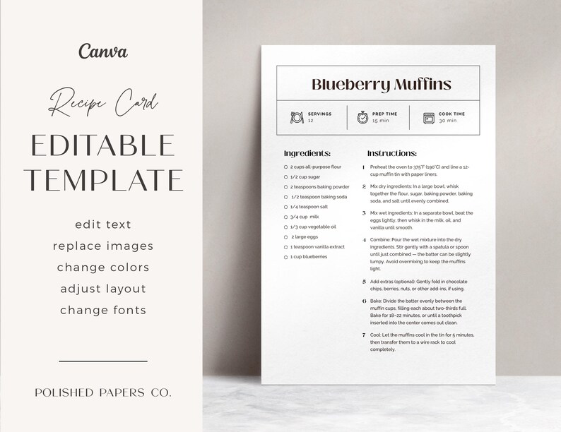Editable Recipe Card Template: Canva Cookbook, Kitchen Organizer (PDF ...
