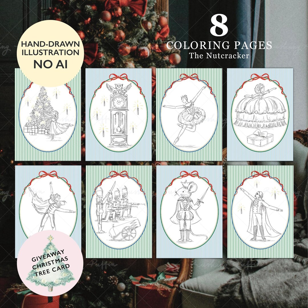 Nutcracker Christmas Cards Coloring Pages, Kids & Adults (digital ...