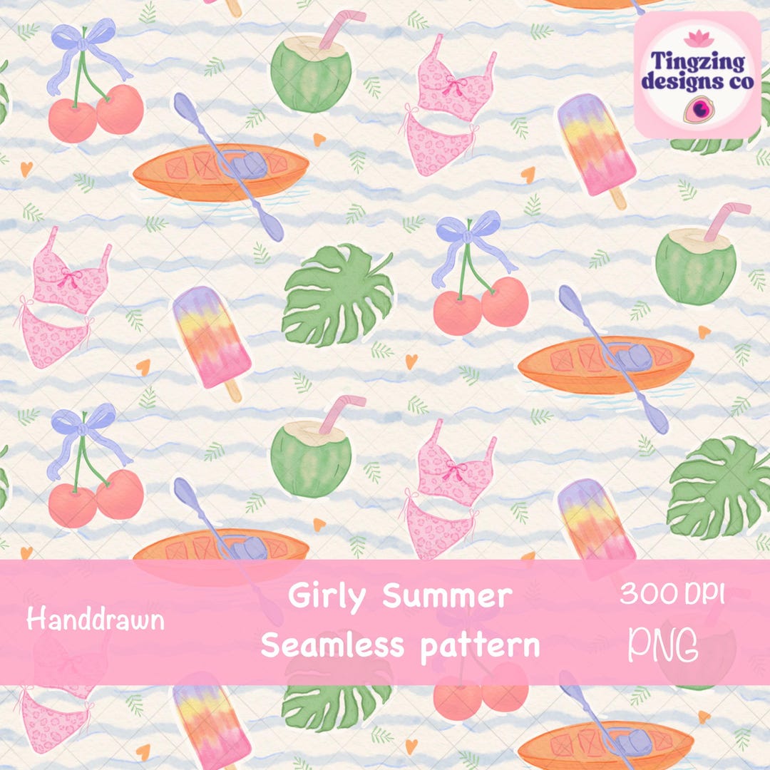 Girly Summer Seamless Pattern, Tropical Beach Seamless , Pink Bikini ...
