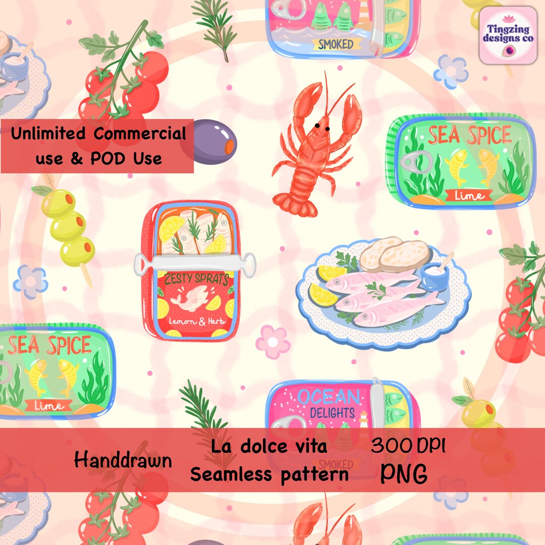 La Dolce Vita Sardines Seamless Pattern PNG, Italian Costal Repeating ...
