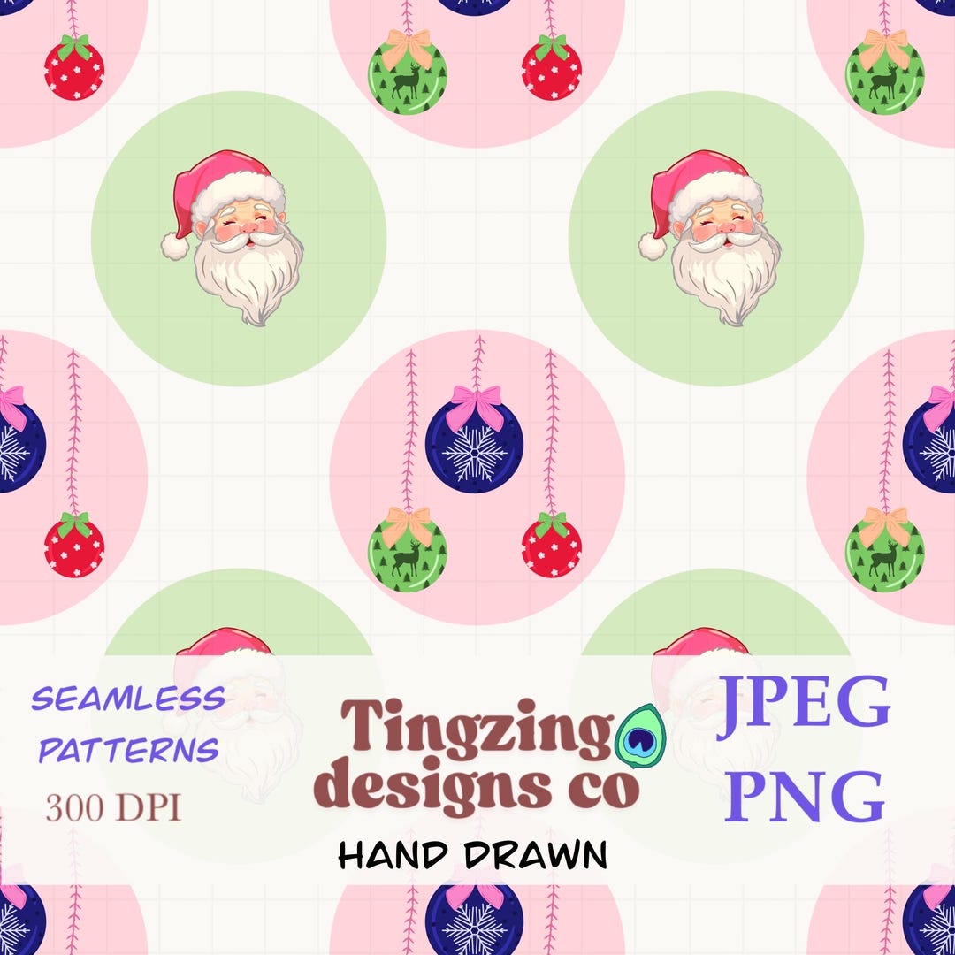 Pink and Green Christmas Seamless Pattern: Santa, Ornaments (PNG ...