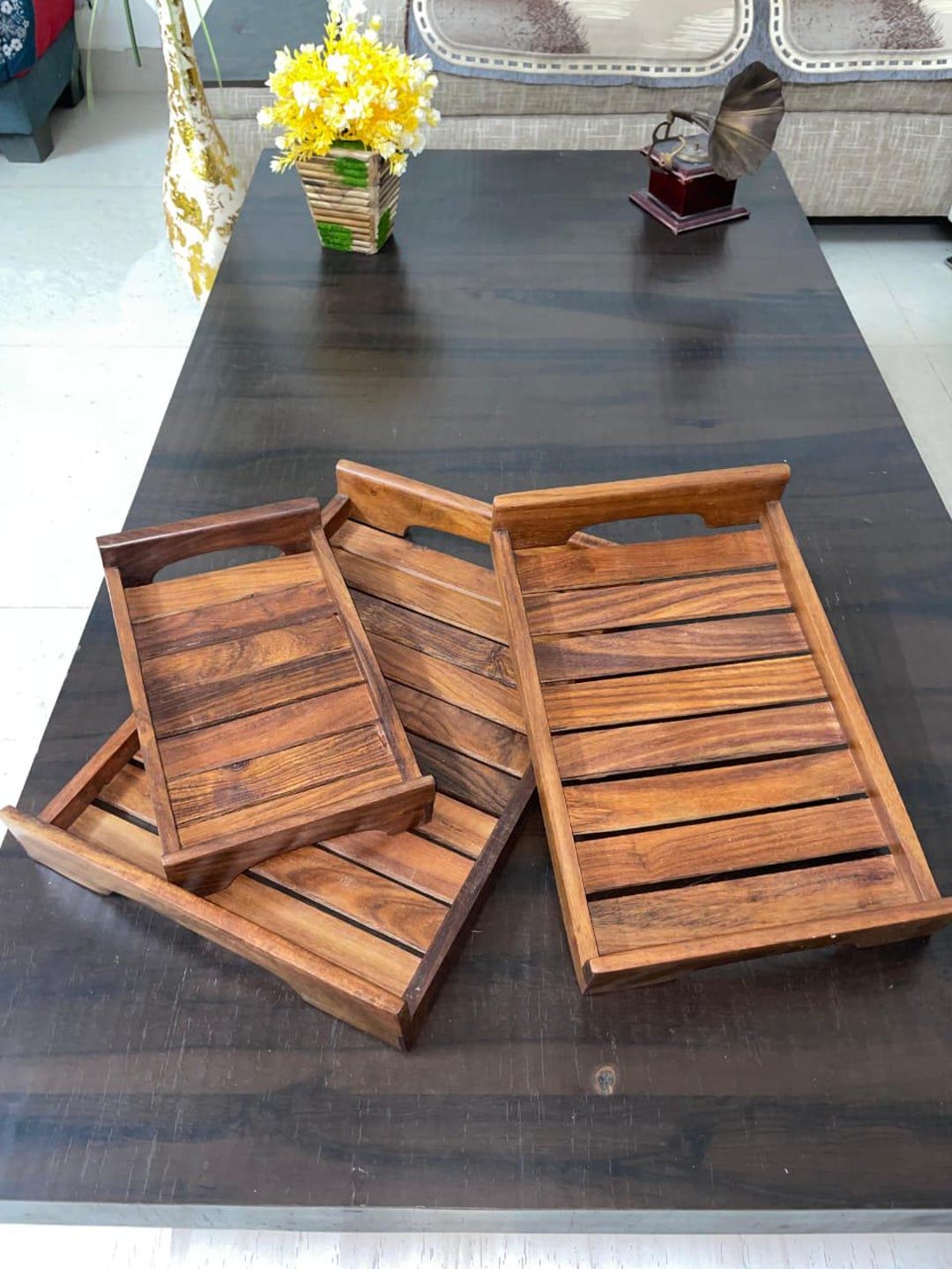 Handcrafted Wooden Serving Trays Set – Rustic Solid Wood Tea & Coffee ...