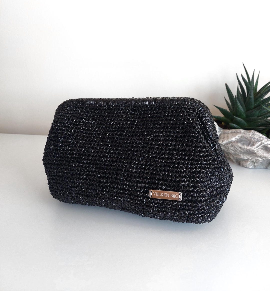 Handmade Black Metallic Raffia Crochet, Elegant Evening Shiny Raffia ...