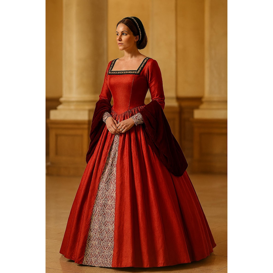 Elegant Tudor Court Dress, Red Renaissance Gown for Women, Historical ...