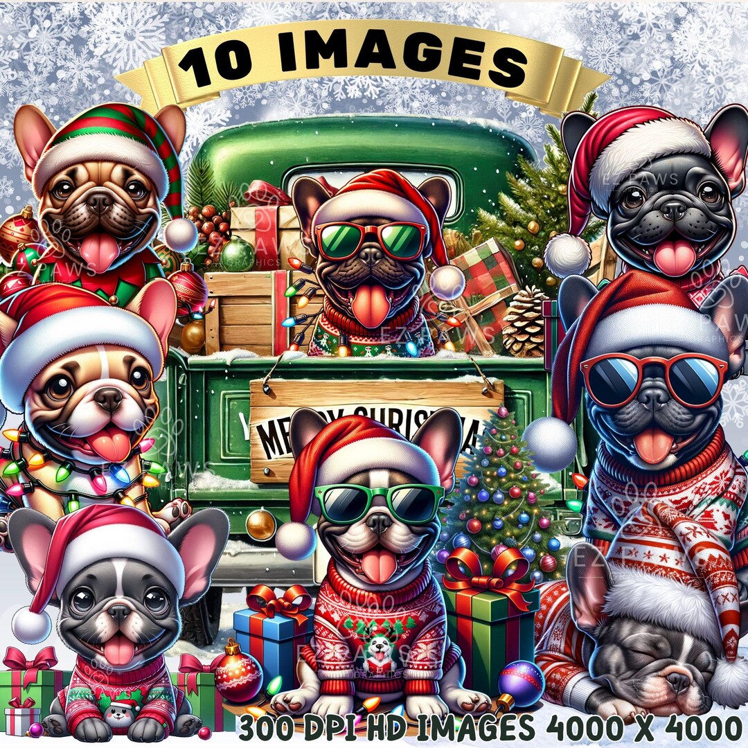 Christmas French Bulldog Clipart Bundle: Holiday Frenchie Dog PNG ...