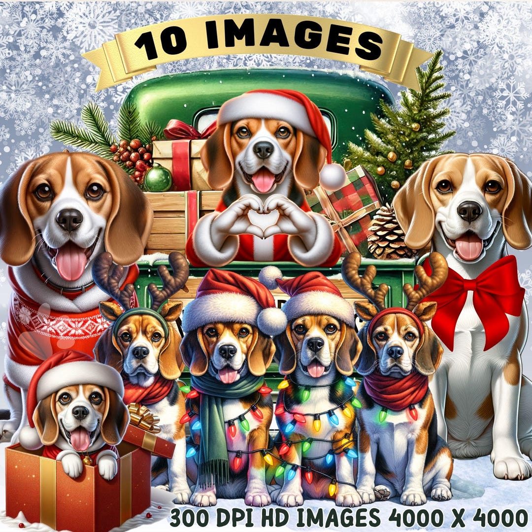 Christmas Beagles Clipart Bundle PNG, 10 Beagle Holiday Graphics, Cute ...