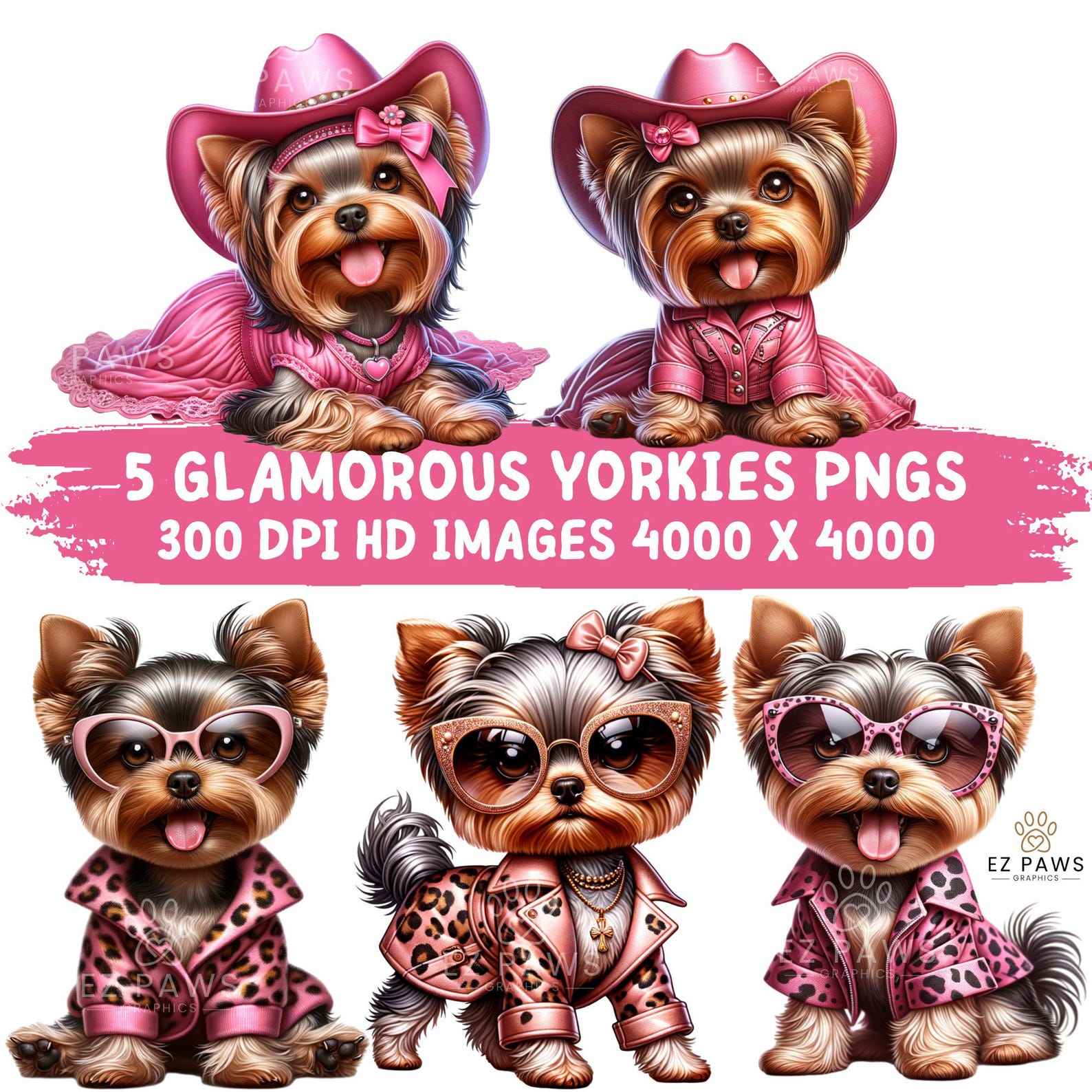 Glamorous Yorkie Clipart Bundle: Girly Dog Breed Pngs for Commercial ...