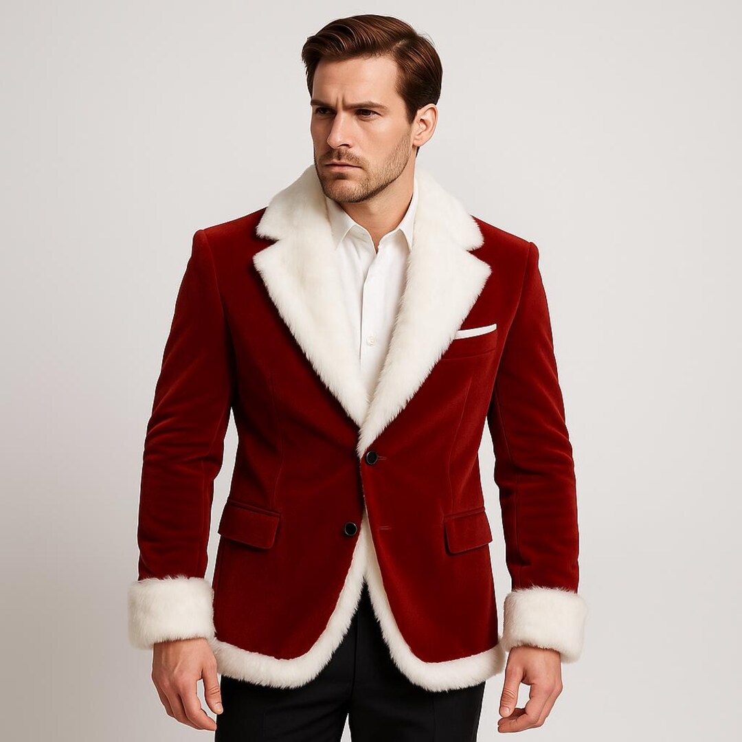 Handmade Vintage Formal Men’s Red Velvet Santa Coat With White Faux Fur ...