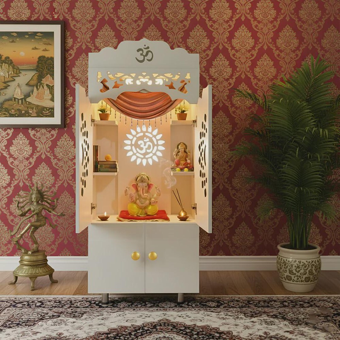 White MDF Wooden Temple Cabinet | White Pooja Mandir With Doors & LED ...