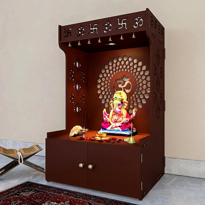 MDF Wood Om Chakra Floor Temple With Spacious Wooden Shelf Inbuilt ...