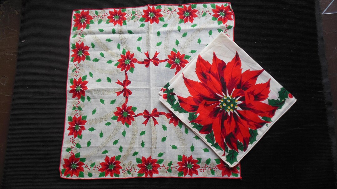 Christmas Handkerchief Pair, Poinsettia Motif, Vintage Lot of 2 - Etsy