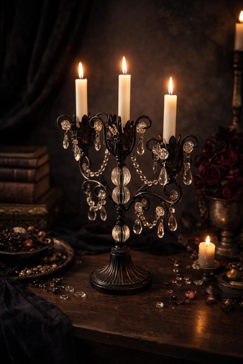 Vintage Hollywood Regency Style Black Metal Candelabra, 3-arm Tabletop ...