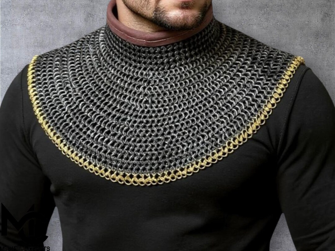 Blackened Steel Chain Mail Collar With Brass Border - SCA LARP Cosplay ...