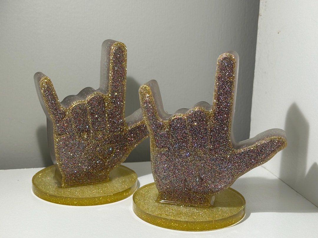 Rainbow Glitter ASL I Love You Hand With Heart Sculpture, American Sign ...