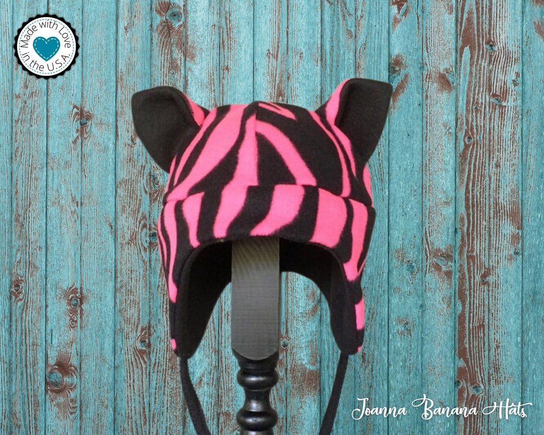 Tiger Hat, Pink and Black, Fleece Winter Hat, Handmade Hat, Handmade ...