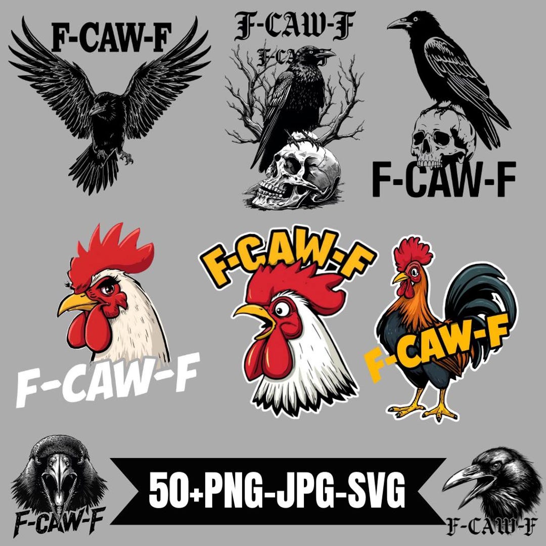 Funny Gothic Raven & Rooster Clipart, F-caw-f SVG PNG Bundle (digital ...