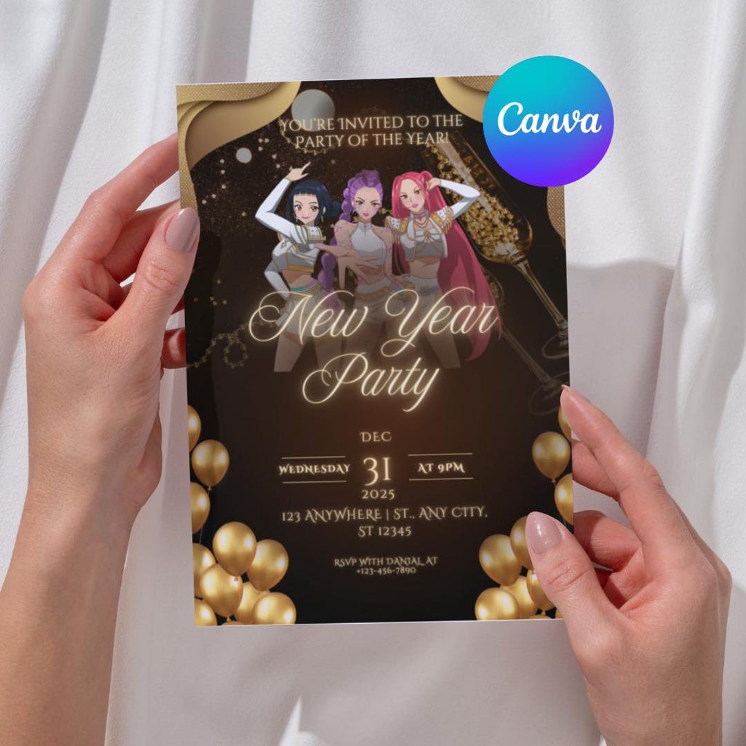 New Year Party Invitation: Editable Black & Gold Theme (canva Template ...