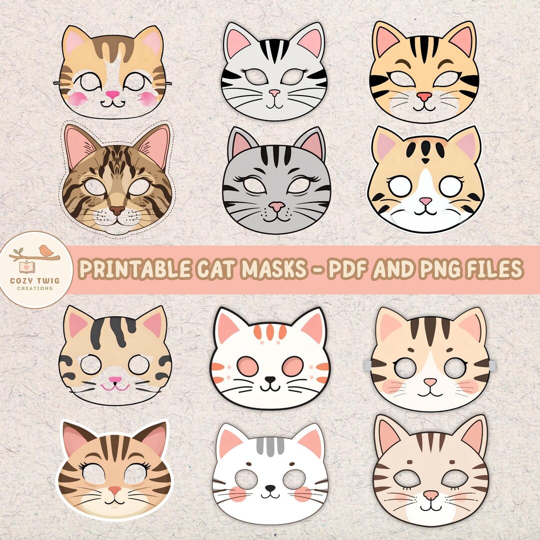 Printable Cat Mask for Kids: Party Costume Prop (PDF, 300 DPI PNG) 12 ...