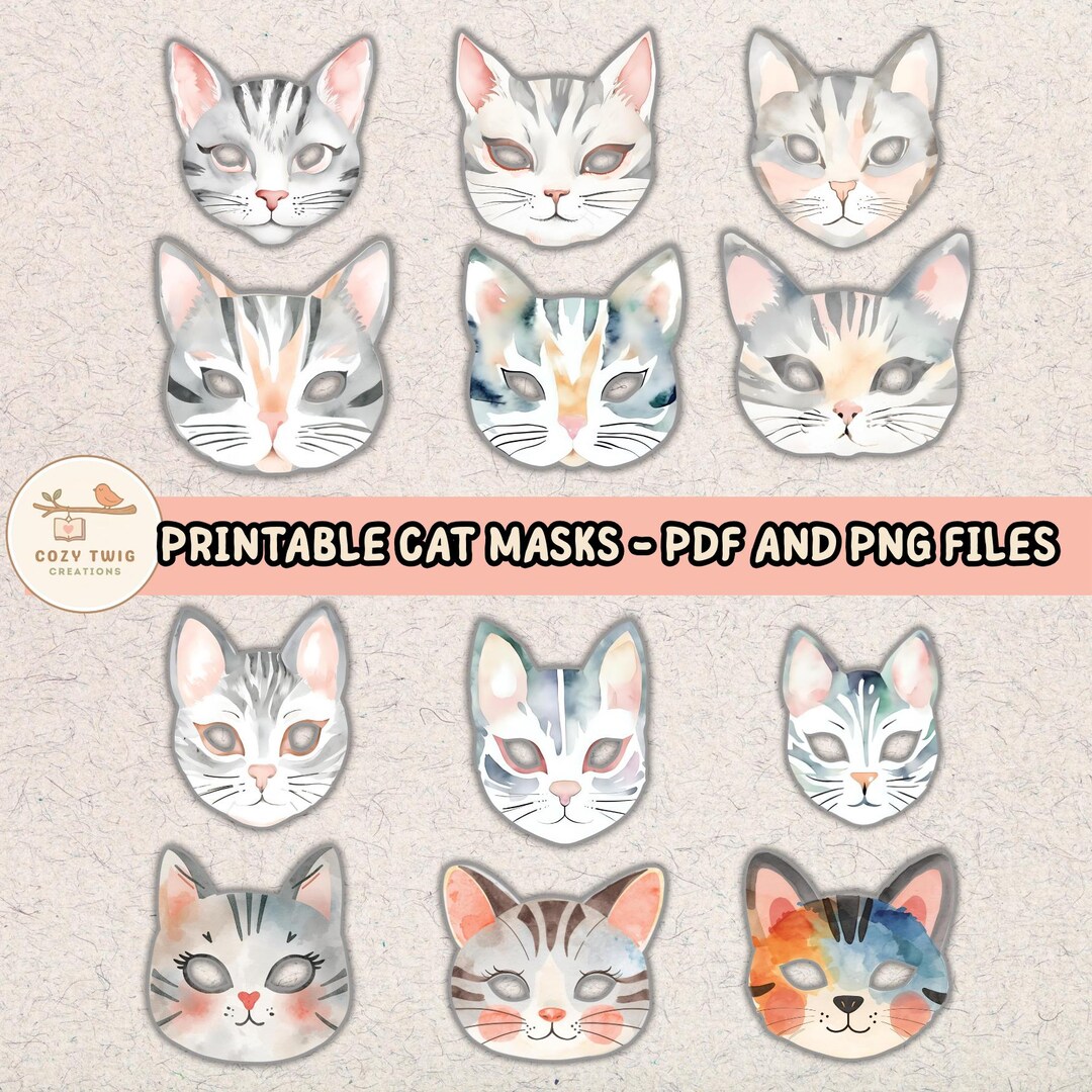 Printable Cat Mask for Kids: Costume Party Prop (PDF, 300 DPI PNG) 12 ...