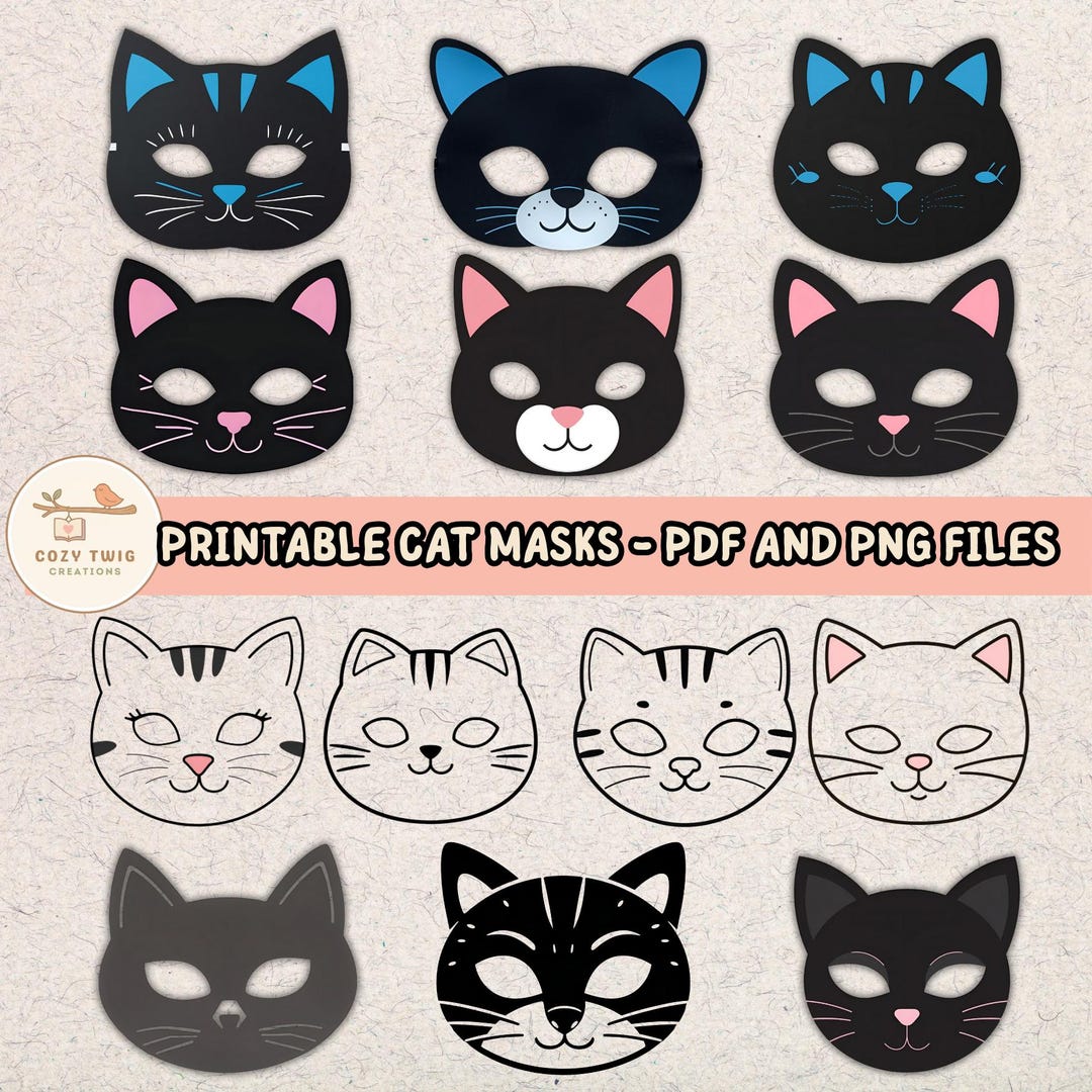 Printable Cat Masks for Kids, Halloween, Birthday Party (PDF & PNG ...
