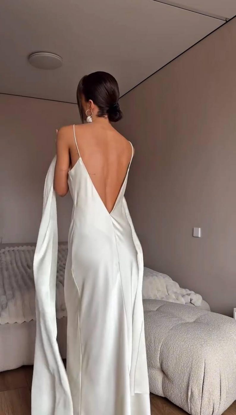 White Satin Maxi Dress With Matching Shawl, White Open Back Slip Dress ...