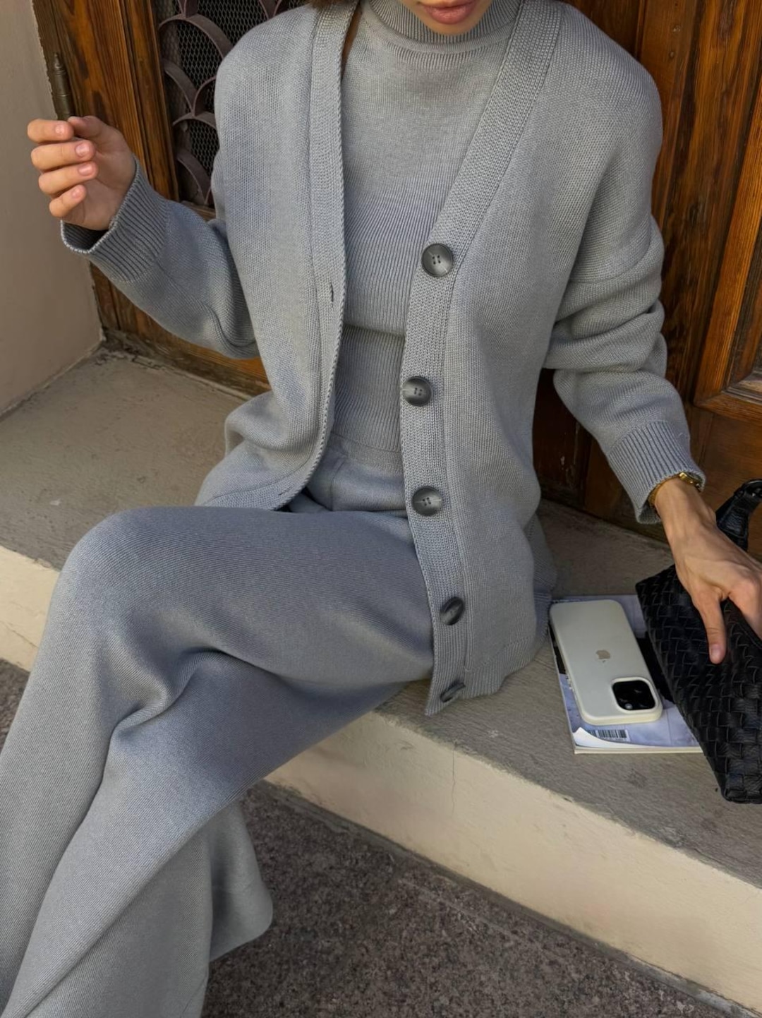 Gray Knit 3 Piece Lounge Set Women – Cardigan Top Pants Minimalist ...