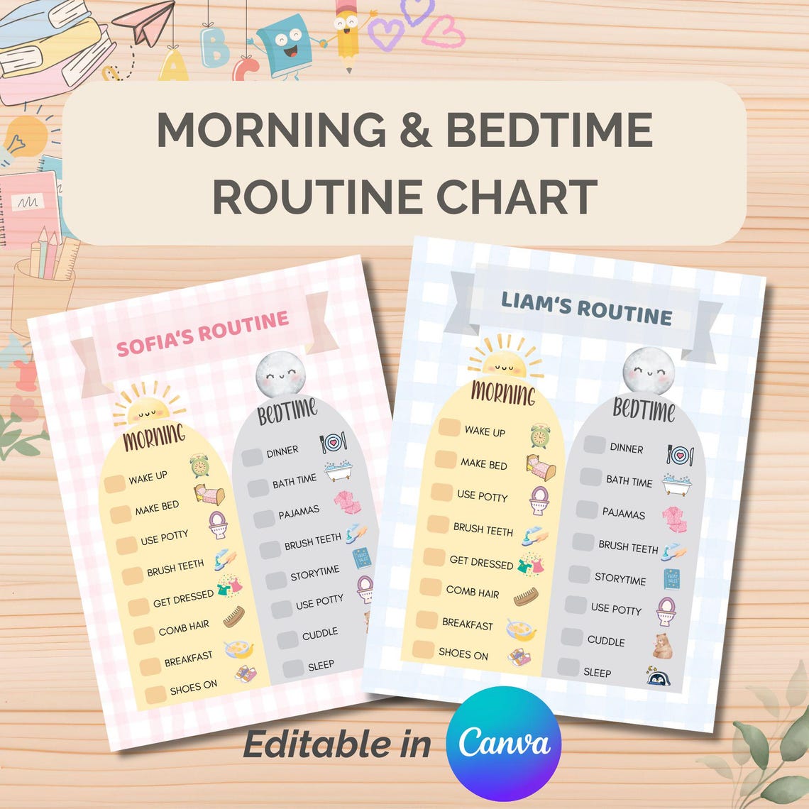 Editable Kids Routine Chart: Visual Morning Bedtime Schedule (digital ...