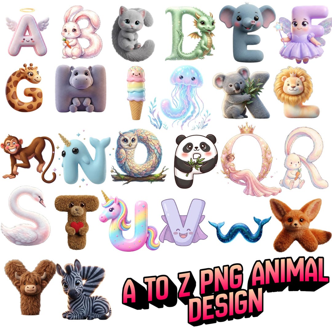 Animal Alphabet PNG Clipart Bundle, Nursery Learning, Sublimation ...