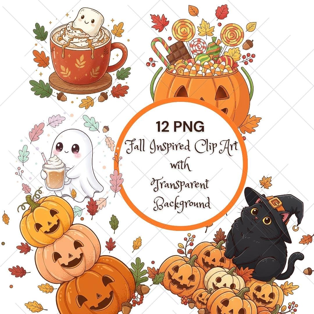 12fall Clip Art Bundle | Cute Autumn PNG Graphics | Pumpkin, Ghost, Cat ...