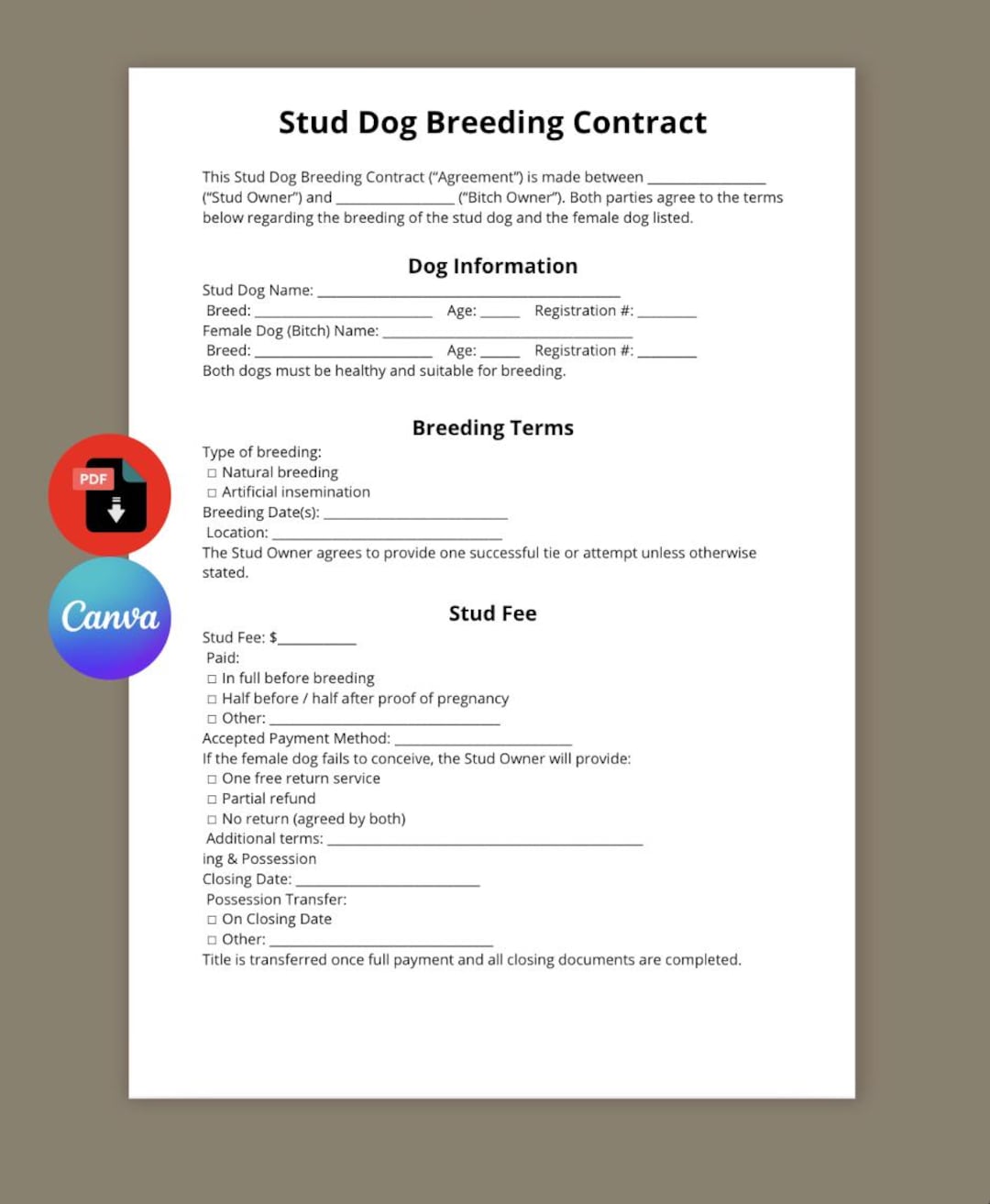 Stud Dog Breeding Contract Template | Canine Agreement (canva PDF) - Etsy