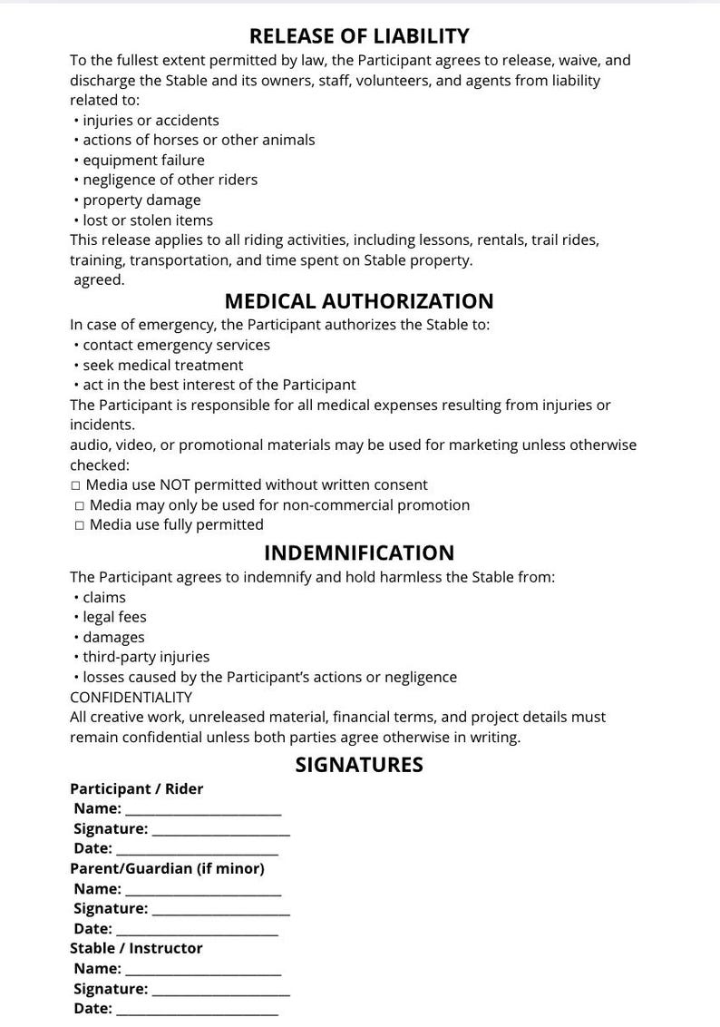 Horse Riding Liability Waiver Template | Editable Equine Release Form ...