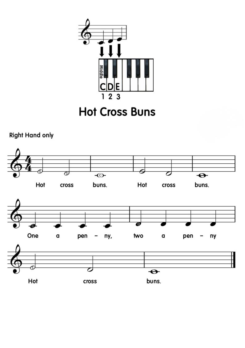 Hot Cross Buns Easy Piano Sheet Music PDF | Beginner Bakery Solo - Etsy