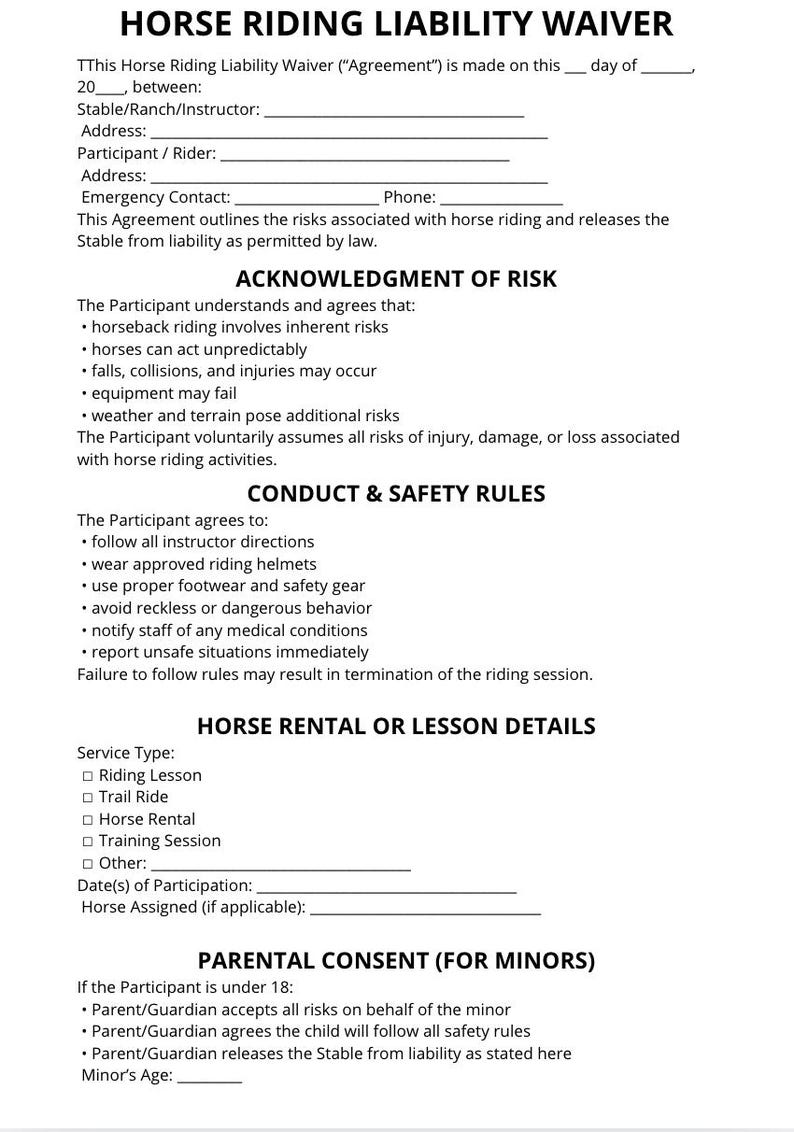 Horse Riding Liability Waiver Template | Editable Equine Release Form ...