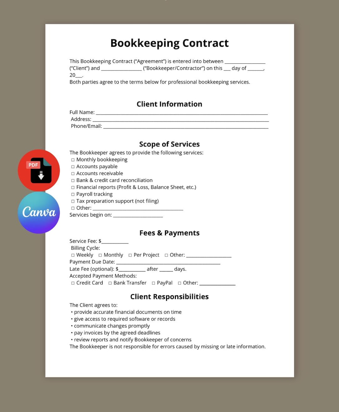 Bookkeeping Contract Template | Editable Bookkeeper Agreement Form ...
