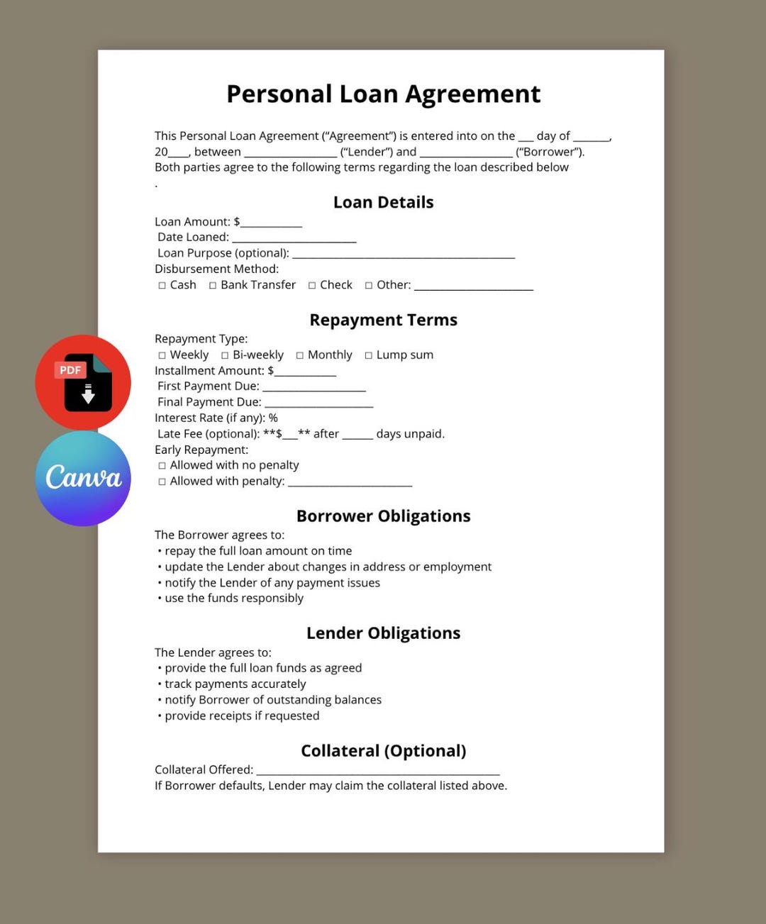Personal Loan Agreement Template | Editable Loan Contract Form ...
