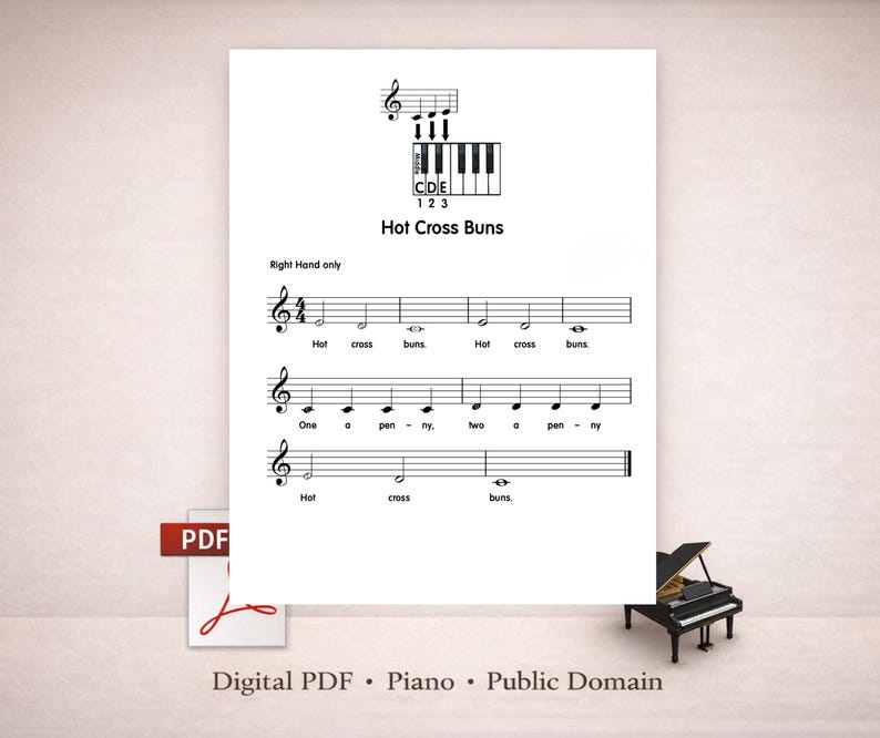 Hot Cross Buns Easy Piano Sheet Music PDF | Beginner Bakery Solo - Etsy