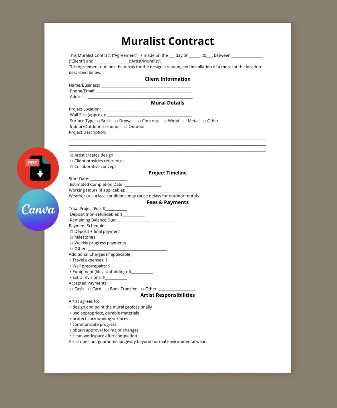 Muralist Contract Template | Editable Mural Agreement Form | Printable ...