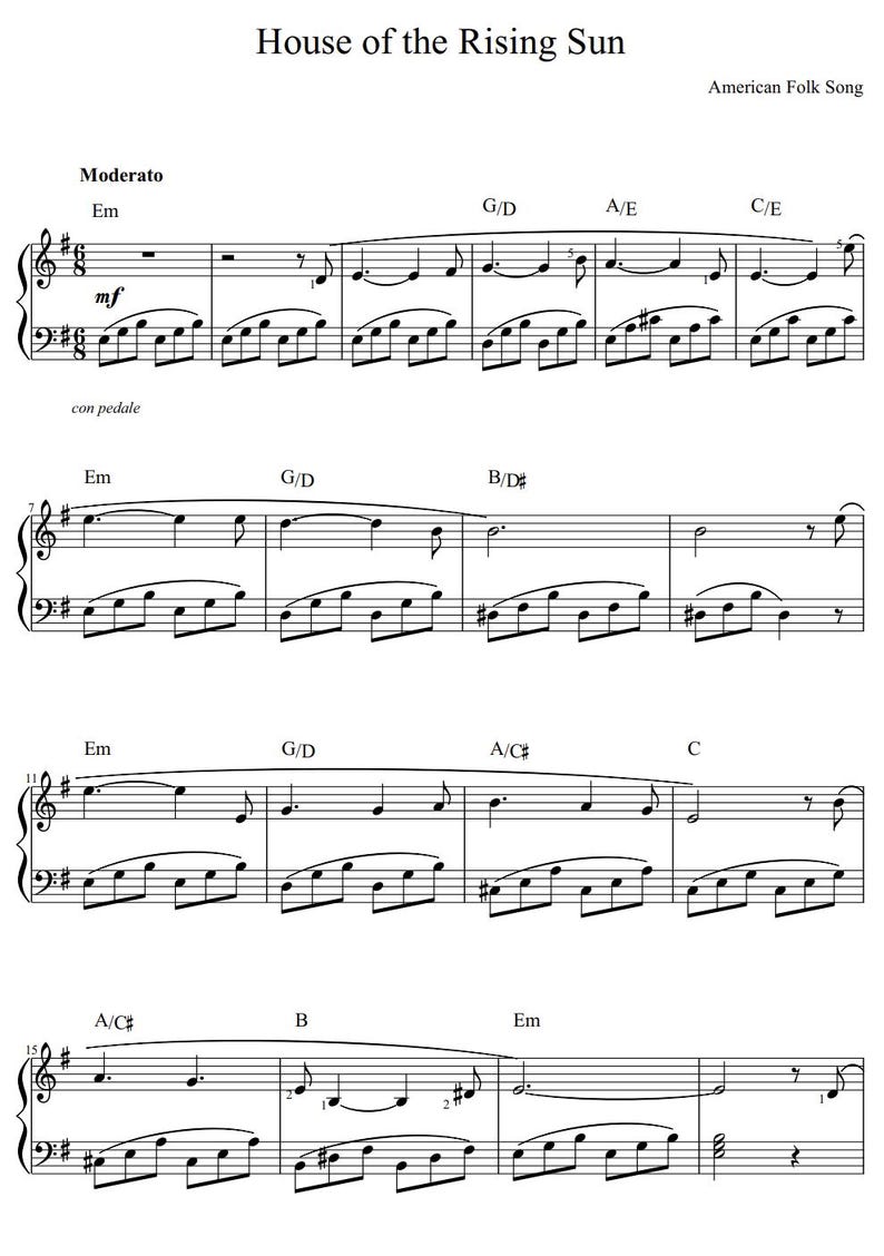 House of the Rising Sun Piano Sheet Music PDF | Intermediate Piano | 2 ...