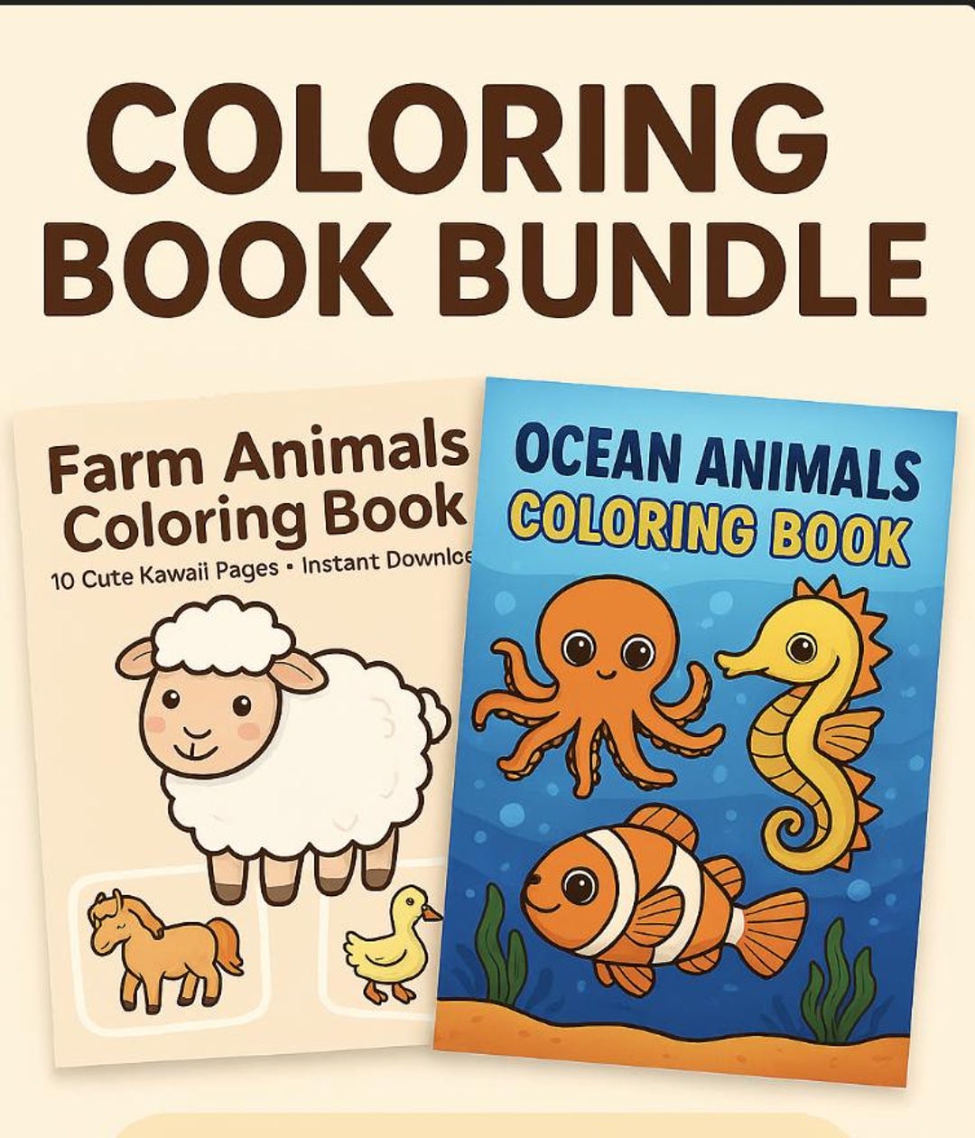 Kids Kawaii Coloring Book Bundle • Farm & Ocean Animals (printable PDF ...