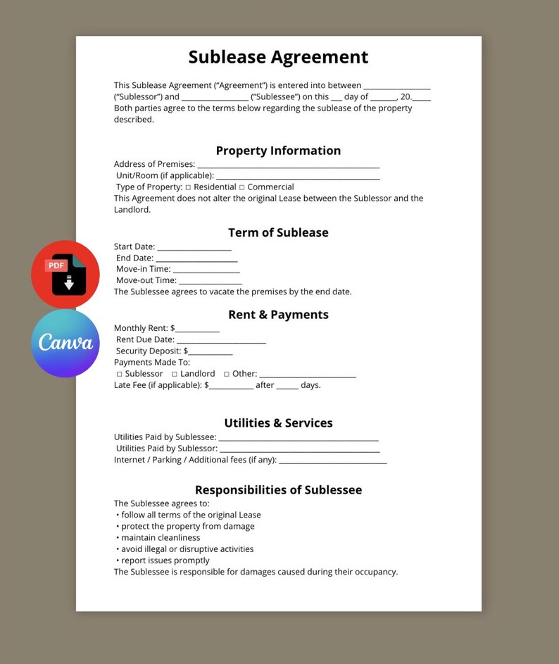 Sublease Agreement Template | Editable Sublet Contract Form | Printable ...