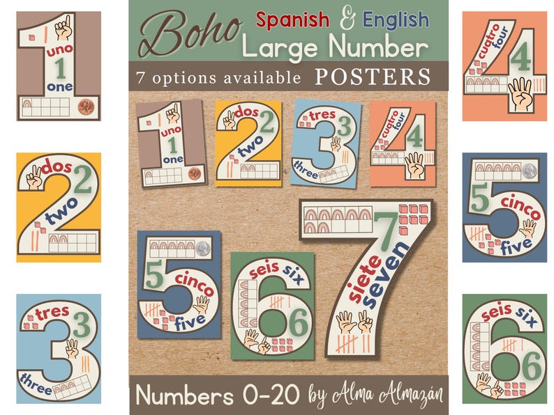 Number Posters 0–20 – Spanish and English Boho (PDF Download) - Etsy