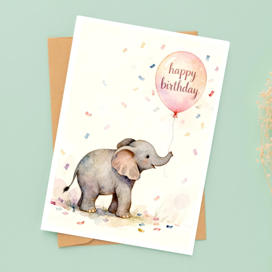 Sweet Elephant Birthday Card: Printable Kawaii (PDF, PNG) - Etsy
