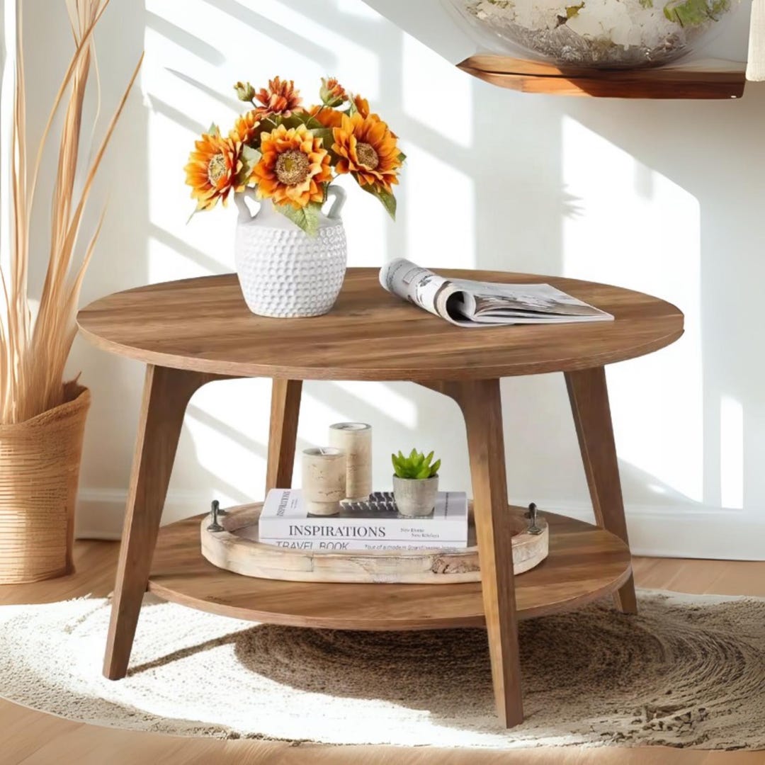Mid-century Wooden Round Coffee Table,modern Wooden Entry Table 2-tier ...