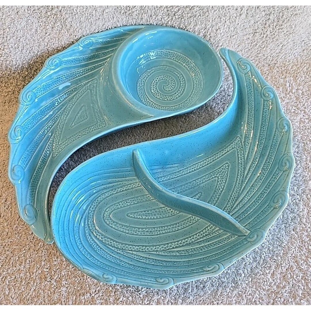 Mid Century California Pottery USA Aqua Turquoise Ocean Waves 2 Pc Chip ...